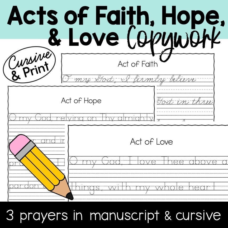 Acts of Faith, Hope, and Love Catholic Prayer Copywork in Cursive and ...