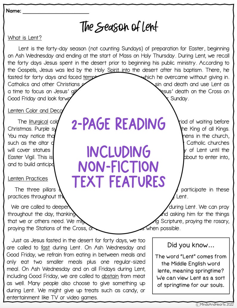 Lenten Reading Comprehension Passage and Questions Easter Holy Week ...