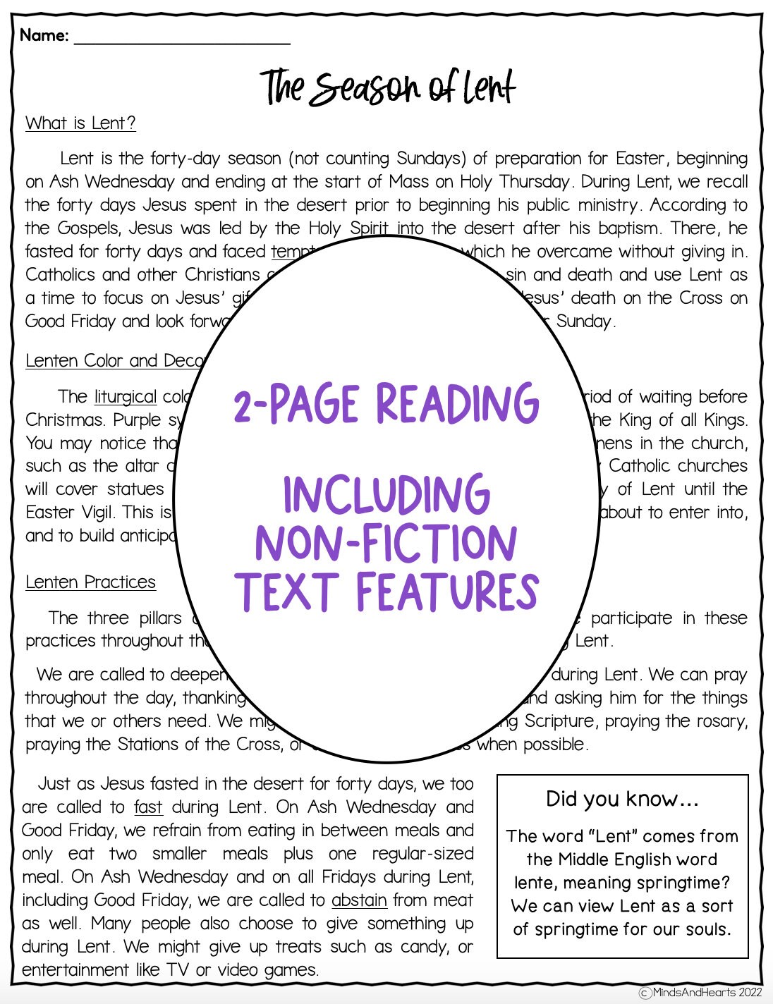 Lenten Reading Comprehension Passage and Questions Easter Holy Week ...