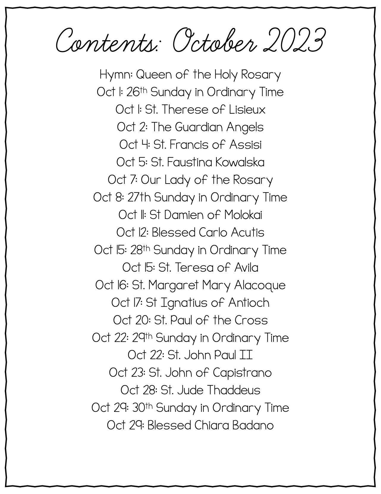October 2023 CURSIVE Copywork Catholic Saint Feast Days, Sunday Gospels ...