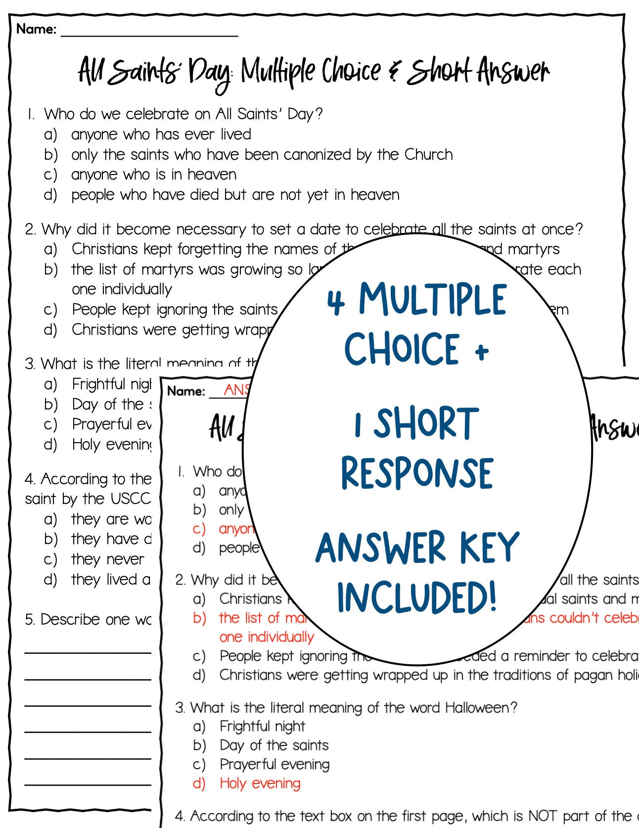 All Saints Day Reading Comprehension Passage All Souls Catholic ...