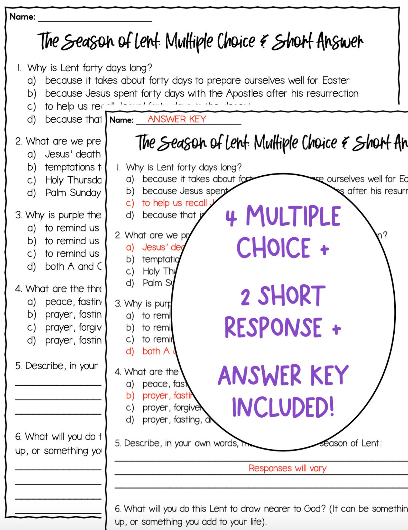 Lenten Reading Comprehension Passage and Questions Easter - Etsy