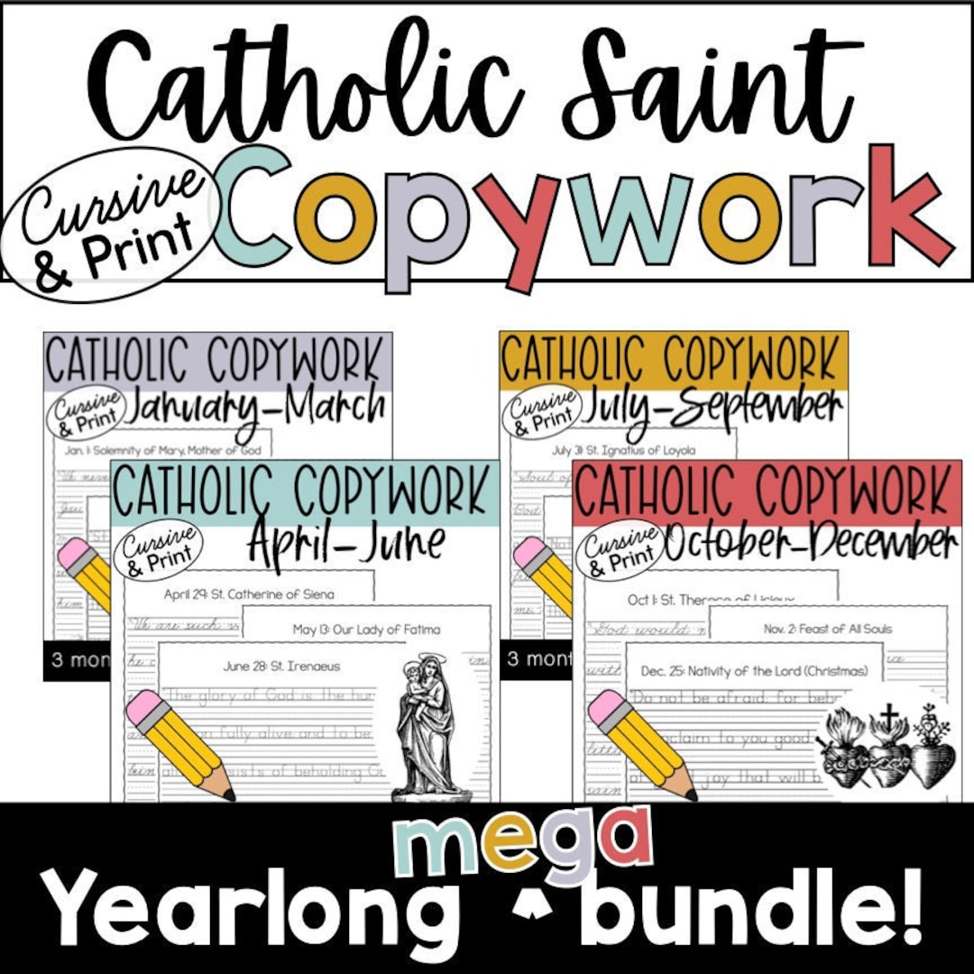 CURSIVE & PRINTING Yearlong Catholic Saints Copywork Bundle: 350+ Pages ...