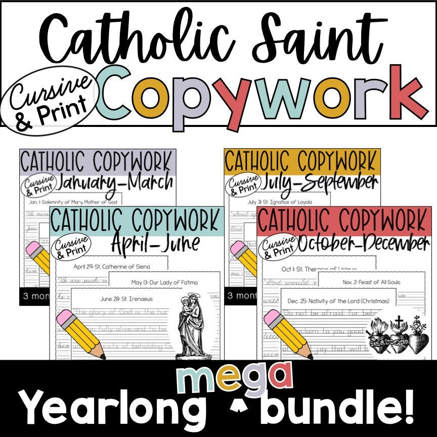 CURSIVE & PRINTING Yearlong Catholic Saints Copywork Bundle: 350+ Pages ...