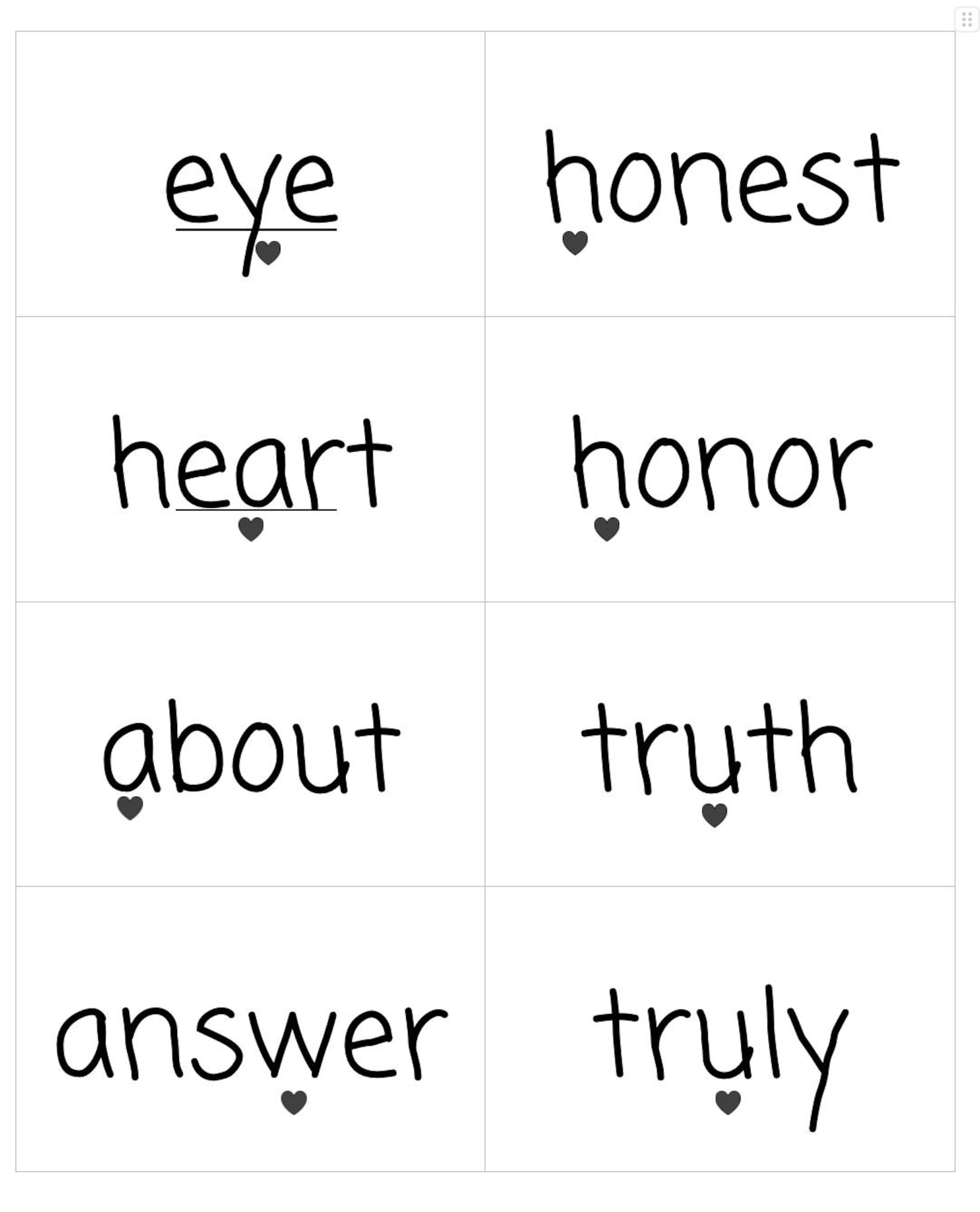 Ufli-aligned Irregular Heart Word Cards: Grades 1-2 | Sentences on Back ...