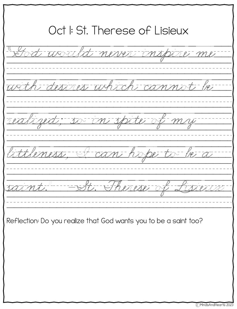 October 2023 CURSIVE Copywork Catholic Saint Feast Days, Sunday Gospels ...