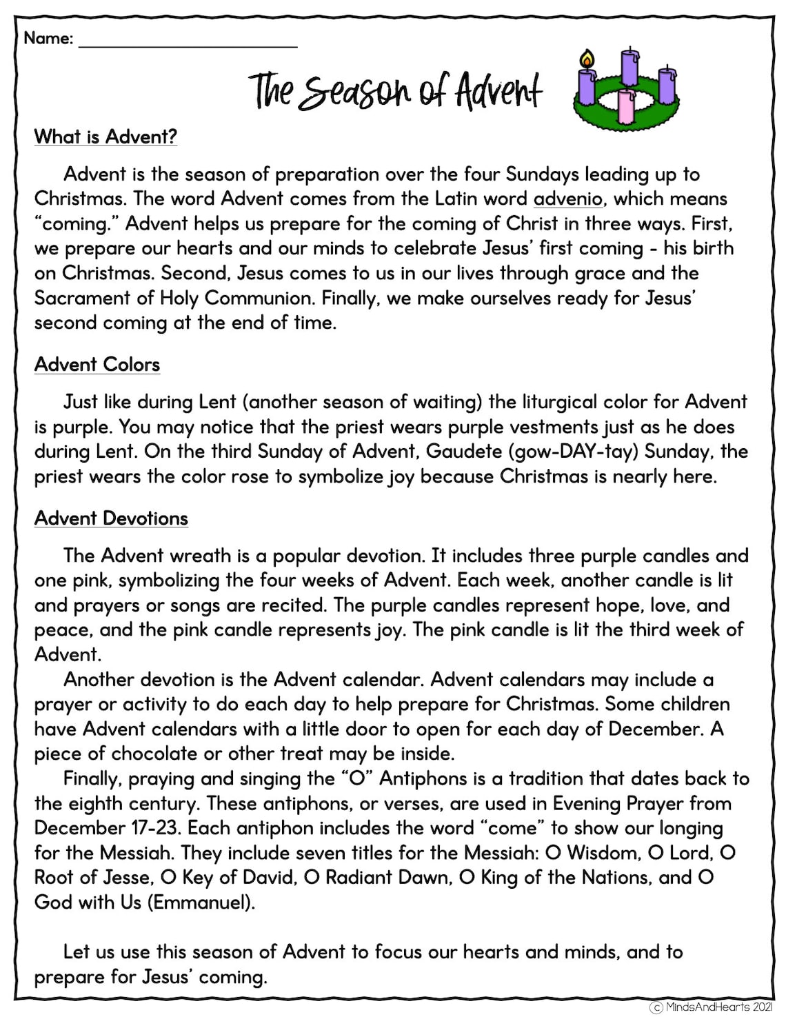 Advent Reading Comprehension Article and Questions - Catholic Christmas ...