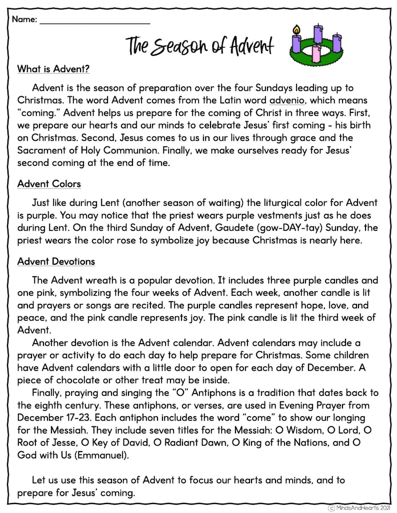 Advent Reading Comprehension Article and Questions - Catholic Christmas ...