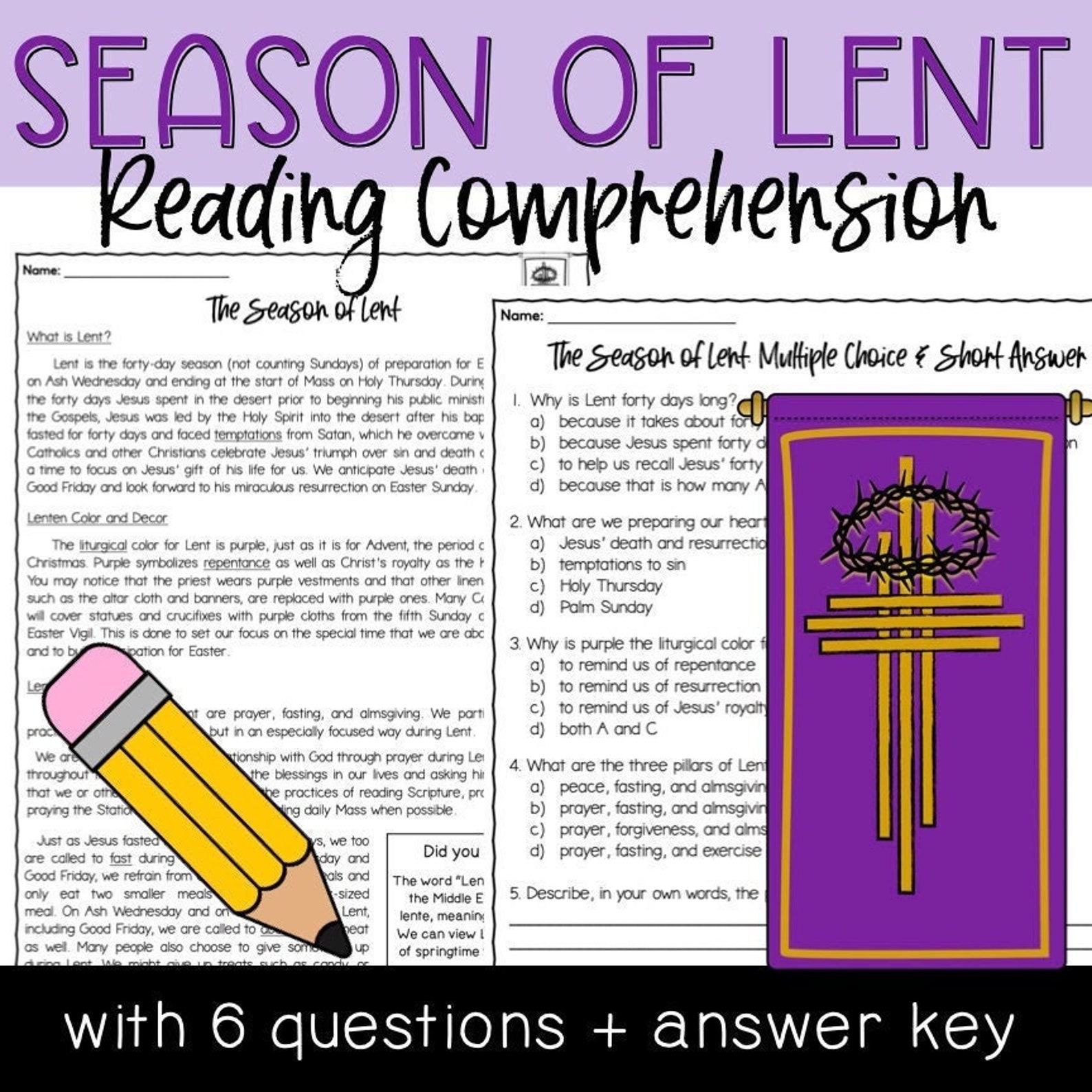Lenten Reading Comprehension Passage and Questions Easter - Etsy