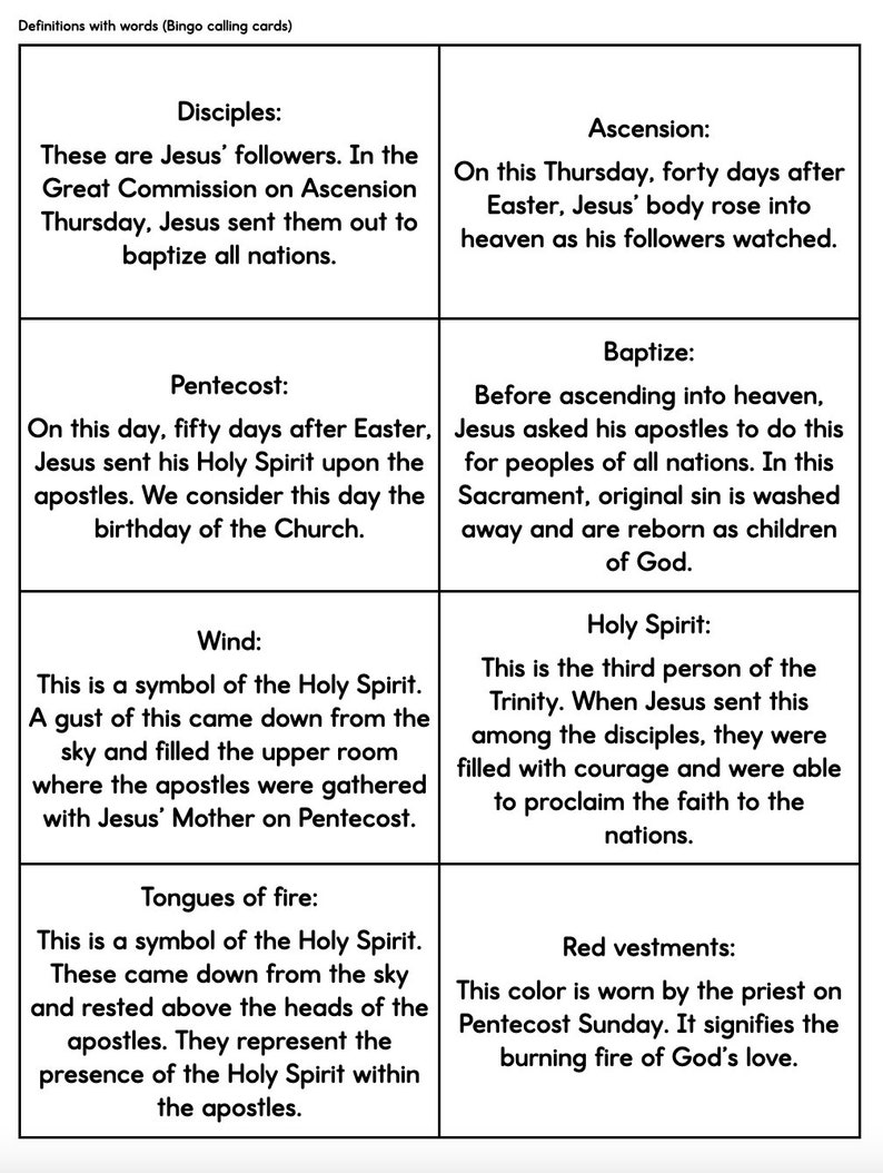 Easter Season Bingo W/ Ascension Thursday & Pentecost Sunday ...