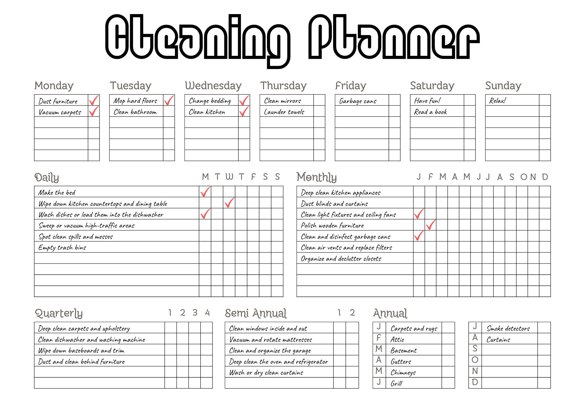 Editable, Organizational Cleaning Schedule Template, Minimalist Design ...