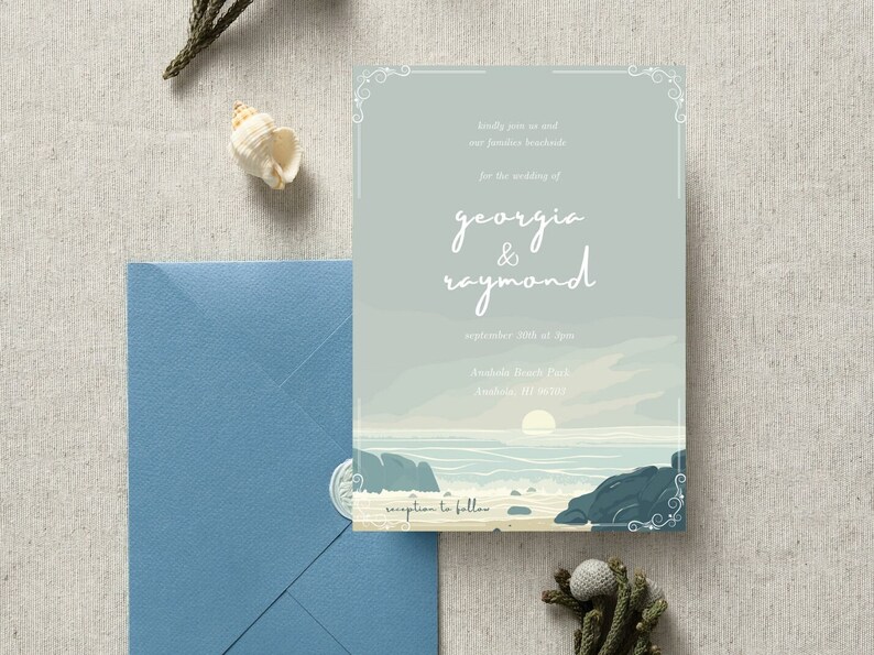 Ocean Wedding Invitation Beach Wedding Invite Neutral Sea - Etsy