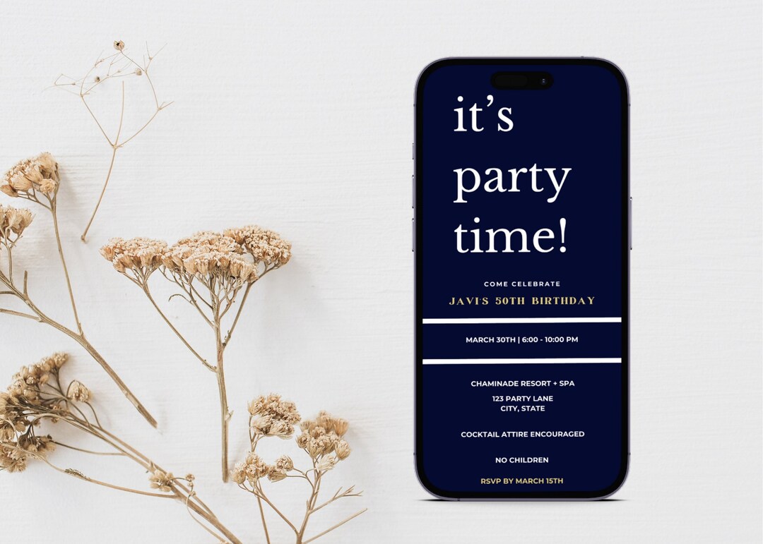 Electronic It's Party Time Invitation Navy and White - Etsy