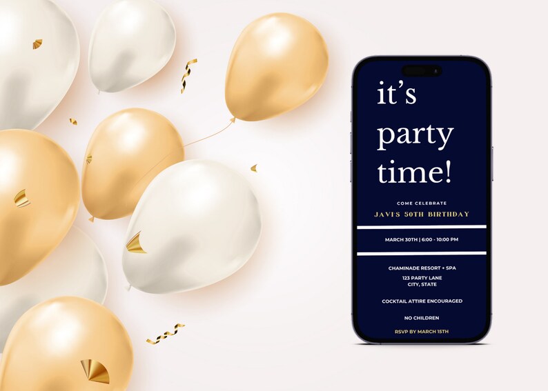 Electronic It's Party Time Invitation Navy and White - Etsy
