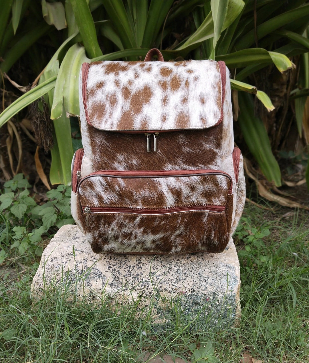 Real Cowhide Backpack Bag Brown and White Cowhide Bag Leather Backpack ...