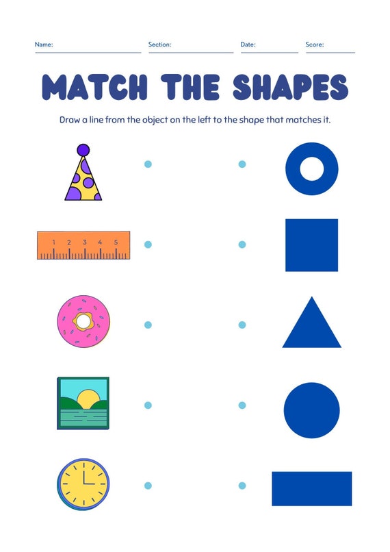 Match the Shapes Worksheet for Children | Etsy