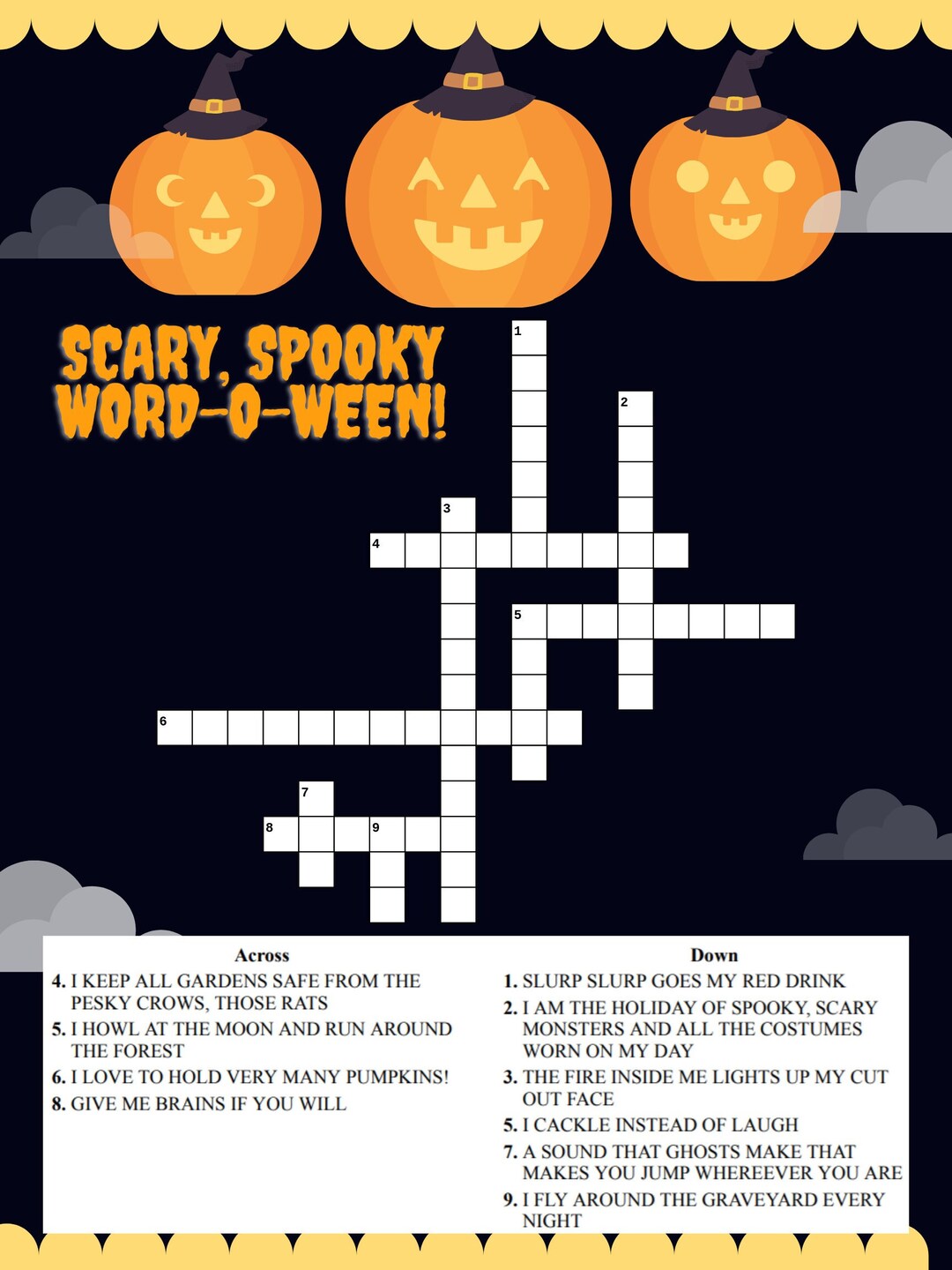 SCARY, SPOOKY Word-o-ween Crossword Puzzle for Kids - Etsy