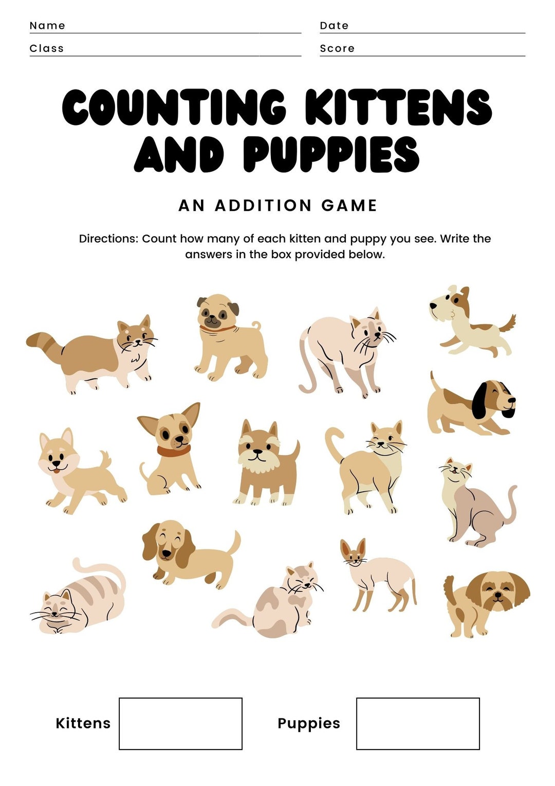 Puppy + Kitten Counting Worksheet - Etsy