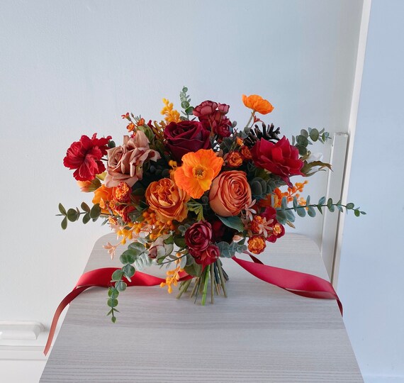 Bouquet de mariee en soie bordeaux et orange bouquet de mariage bouquet de fleurs en soie faux bouquet bouquet de fleurs artificielles Etsy France