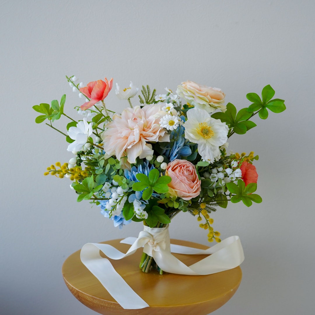 Dahlia and Lily of Valley Bright Green Silk Flower Bouquet, Bridesmaids ...