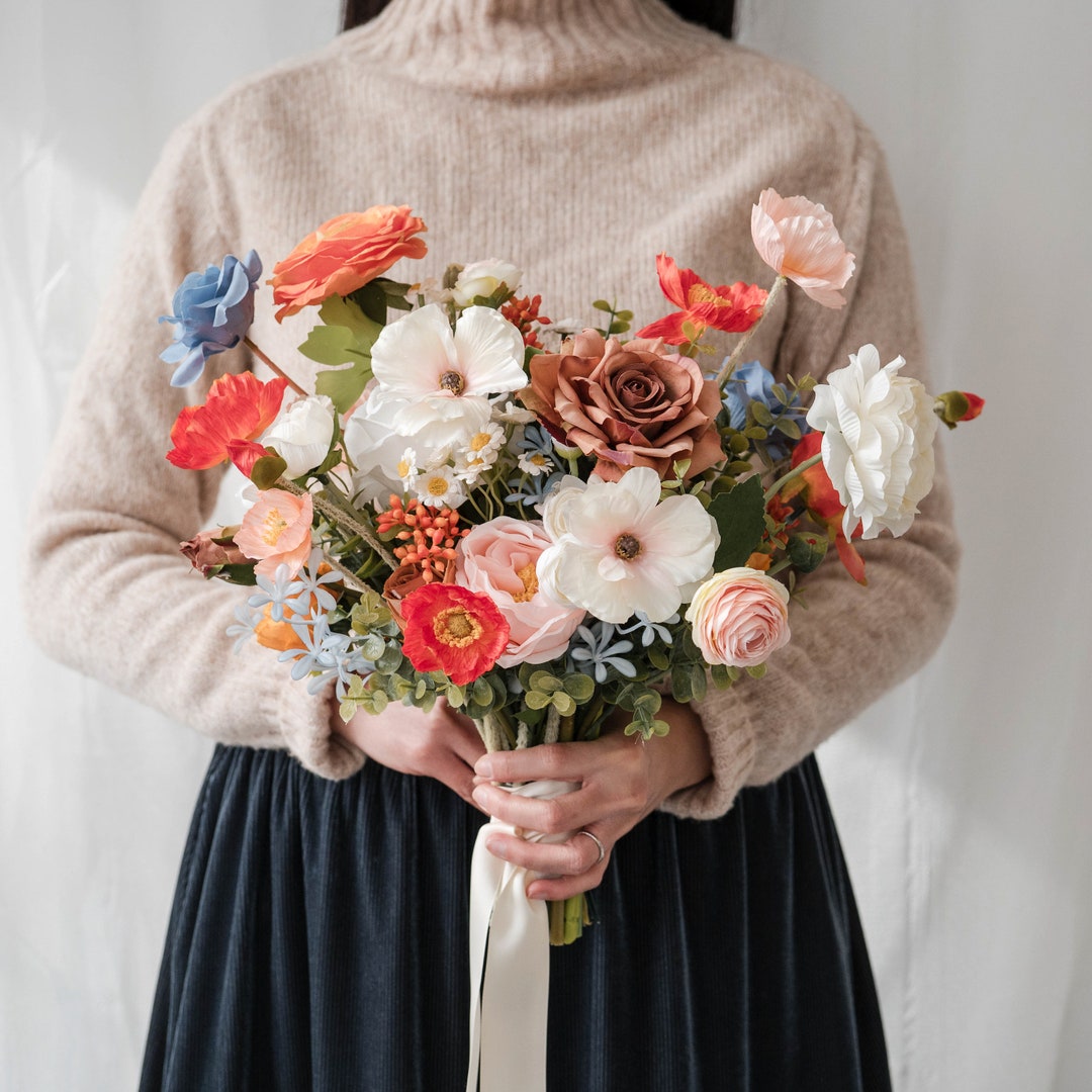 Vintage Brown and Blue Ranunculus Bridal Bouquet, Bridesmaids Bouquet ...