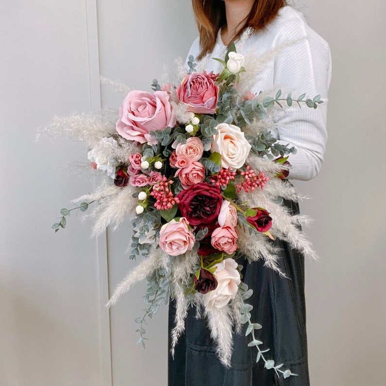 Pampas Grass Dusty Pink Rose Silk Flower Cascading Bouquet - Etsy