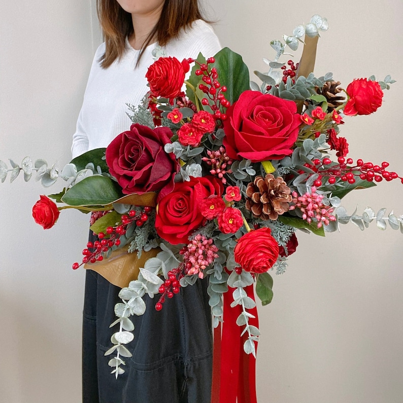 Red Velvet - Red Burgundy Roses Christmas Wedding Artificial Bridal ...