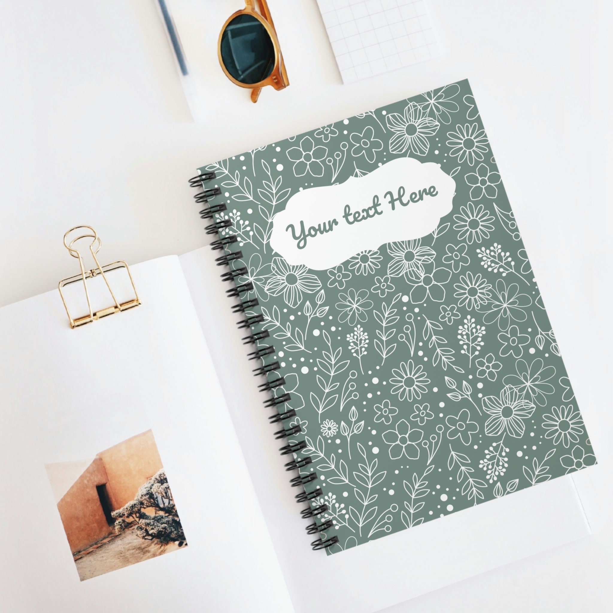 Floral Outline Doodle Sage Spiral Customizable Notebook - Ruled Line - Etsy