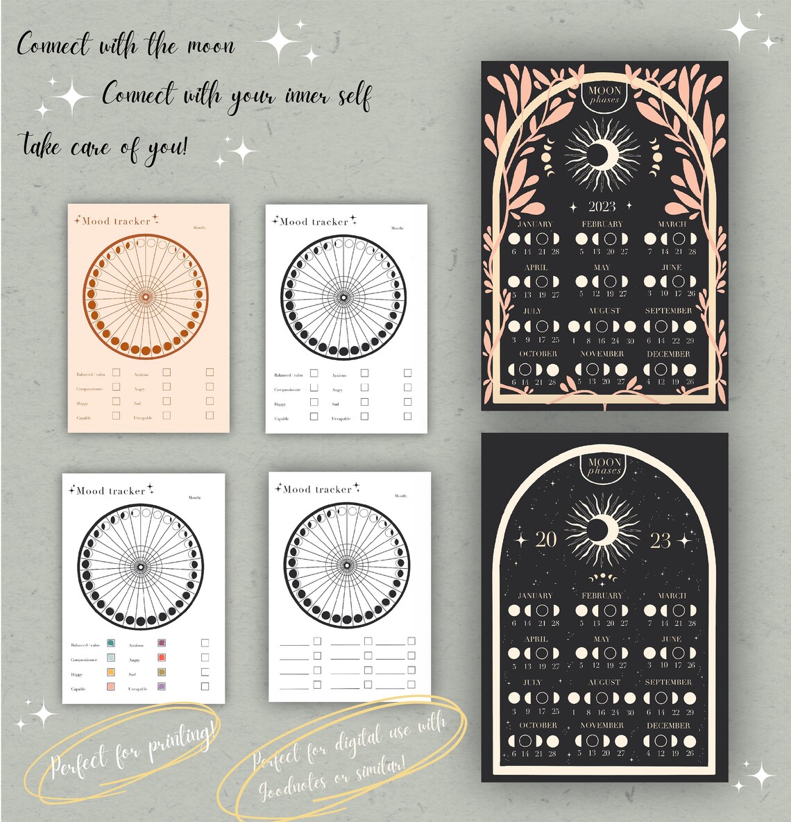 Coonect With the Moon, Moon Calendar 2023 Moon Chart/ Mood Tracker ...