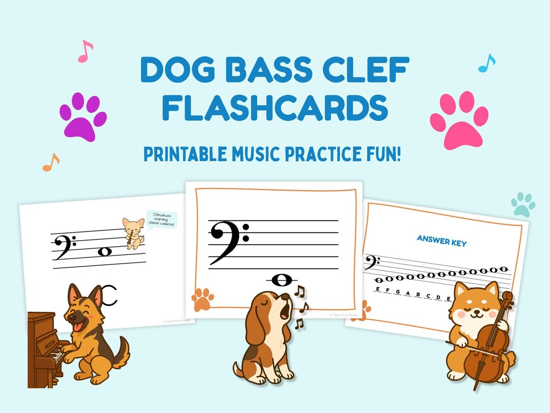Dog Bass Clef Music Flashcards – Printable Note Reading Practice for ...