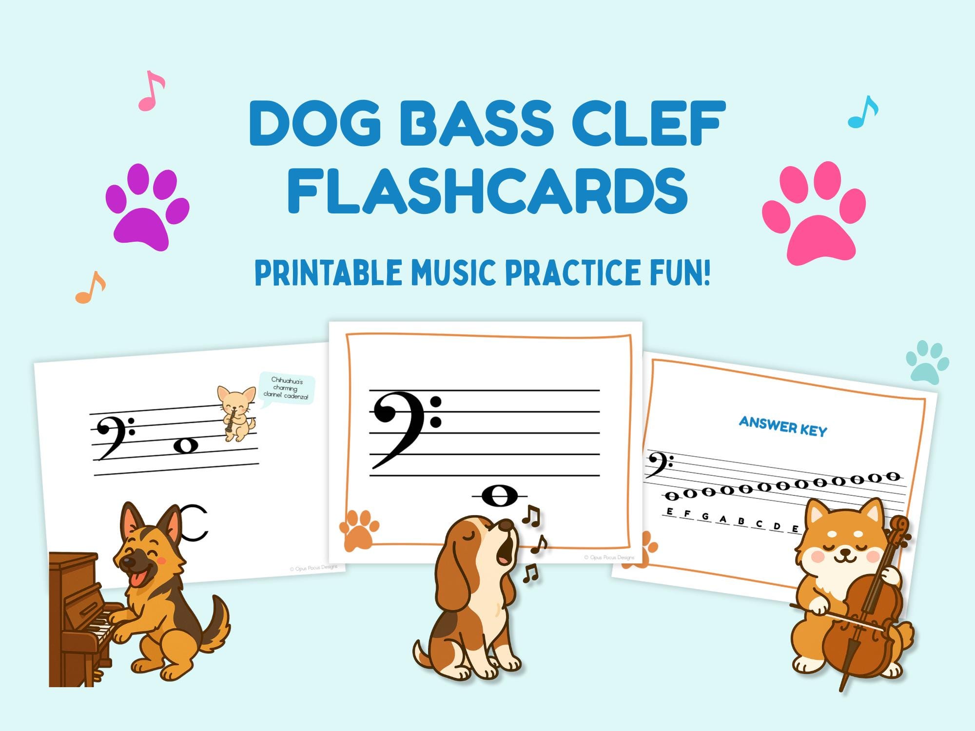 Dog Bass Clef Music Flashcards – Printable Note Reading Practice for ...