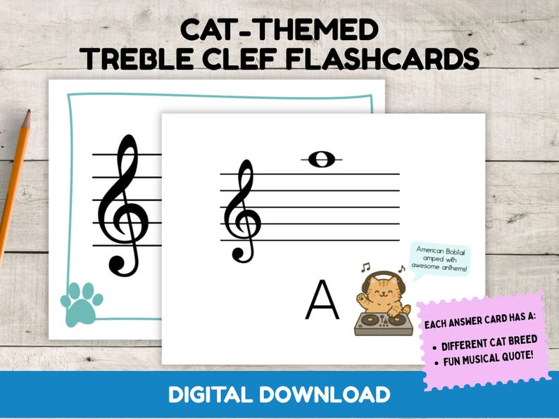 Cat Treble Clef Music Flashcards – Printable Note Reading Practice for ...