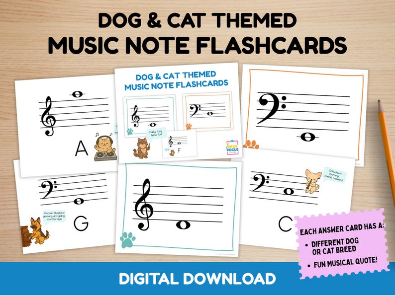 Cat & Dog Music Flashcards – Treble and Bass Clef (printable) - Etsy
