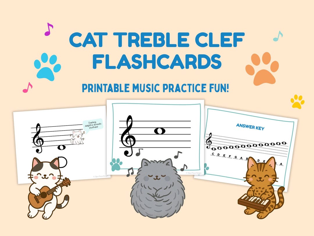 Cat Treble Clef Music Flashcards – Printable Note Reading Practice for ...