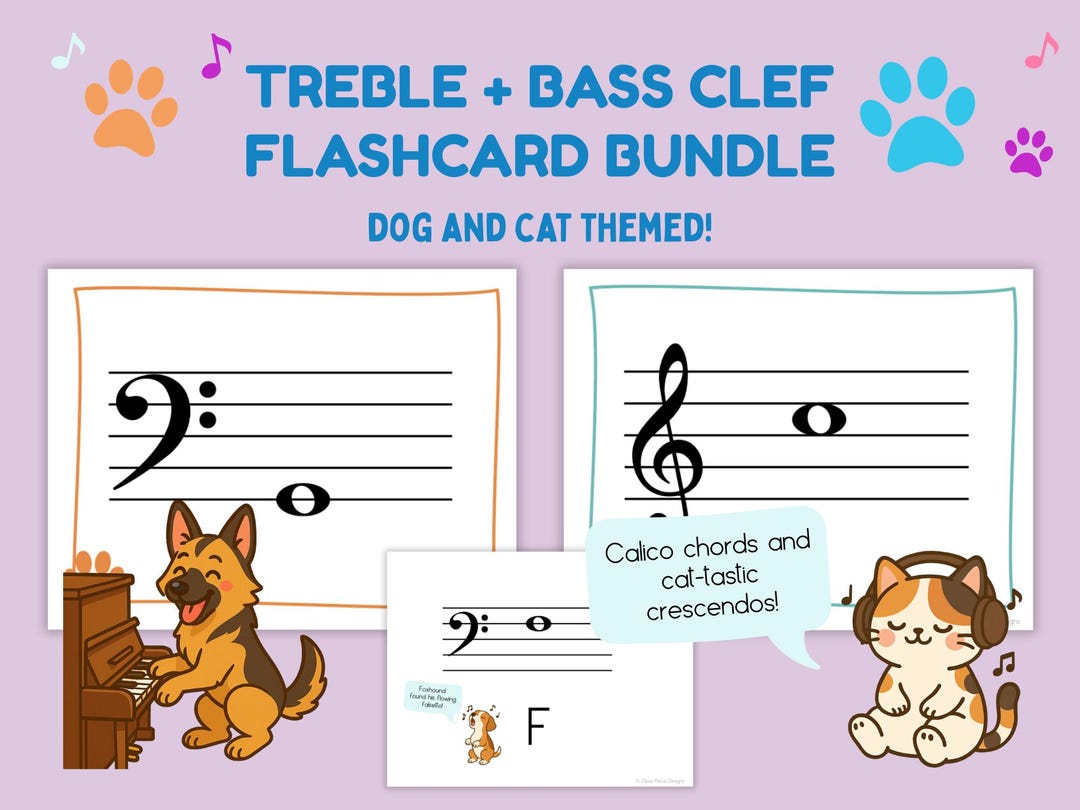 Cat & Dog Music Flashcards – Treble and Bass Clef (printable) - Etsy