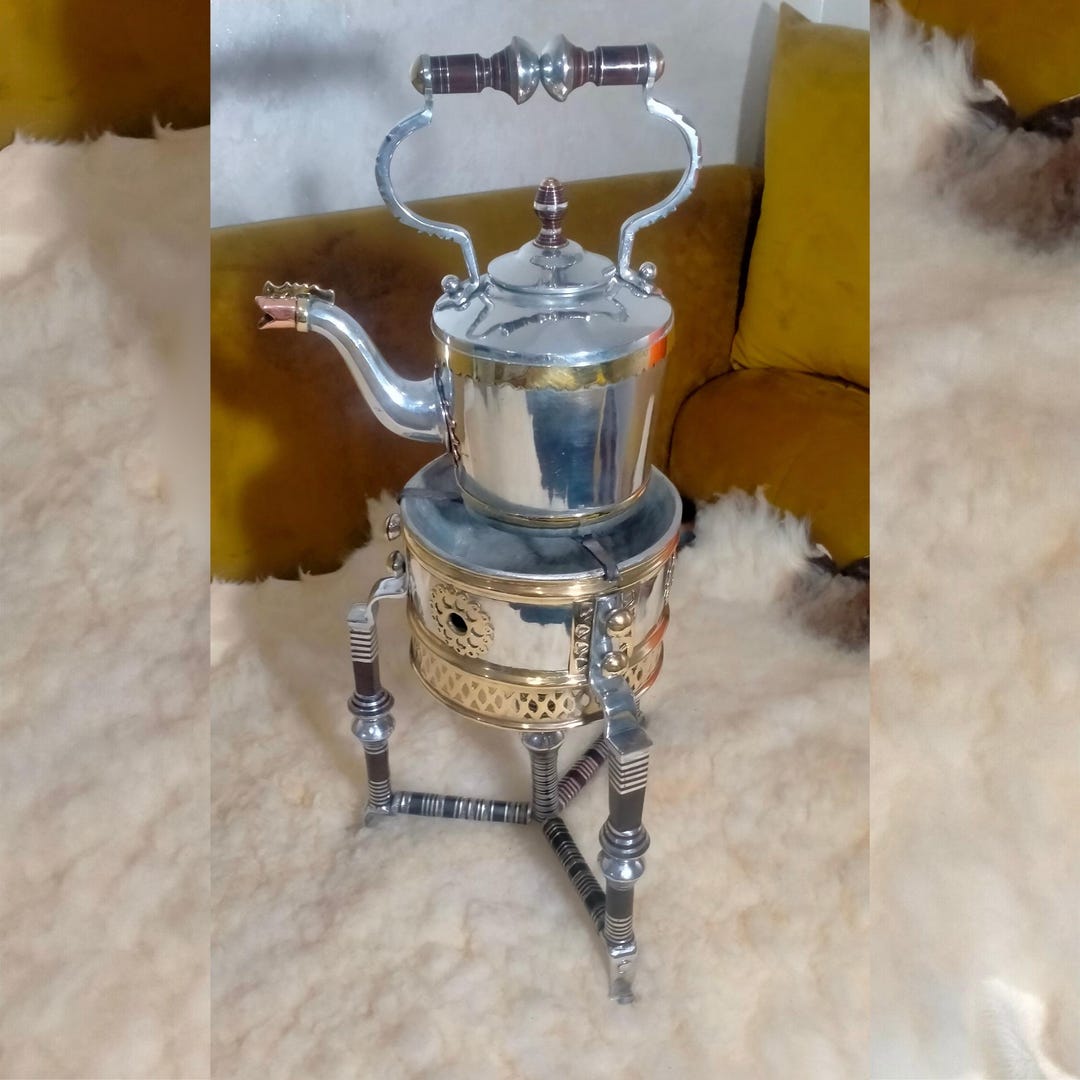 Handmade Tuareg Tea Kettle Set | Etched Metal With Brass & Sango Wood ...