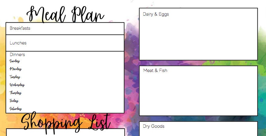 Meal Plan and Shopping List Template watercolor Theme - Etsy