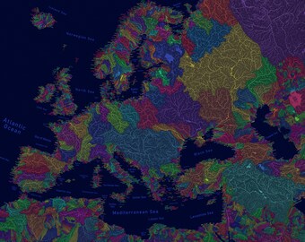 River Basins of Europe in Rainbow Colours high Resolution Digital Print ...