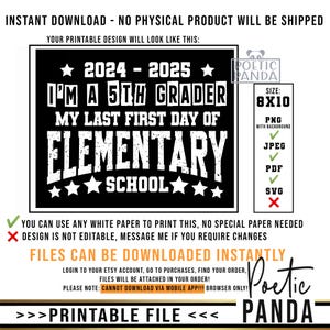 Printable Last First Day of Elementary Sign, Printable 5th Grade Sign ...