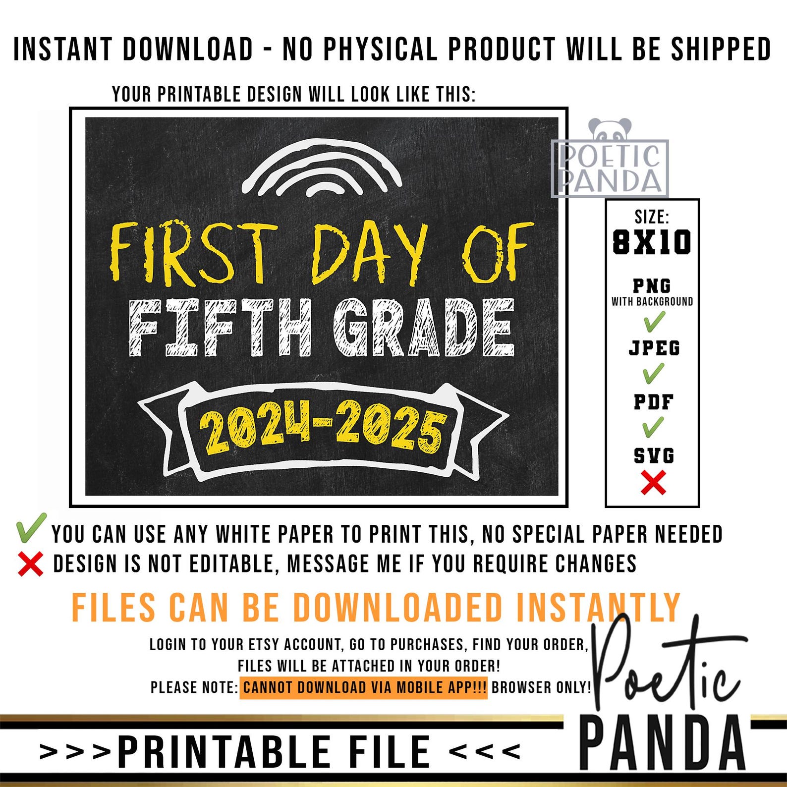 Printable First Day of 5th Grade Sign, Chalkboard Effect First Day of ...