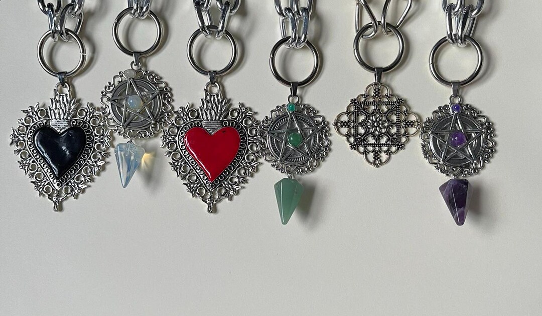 Heart Pentagram Pentacle Crystal Chunky Silver Chain Gothic Choker Emo ...