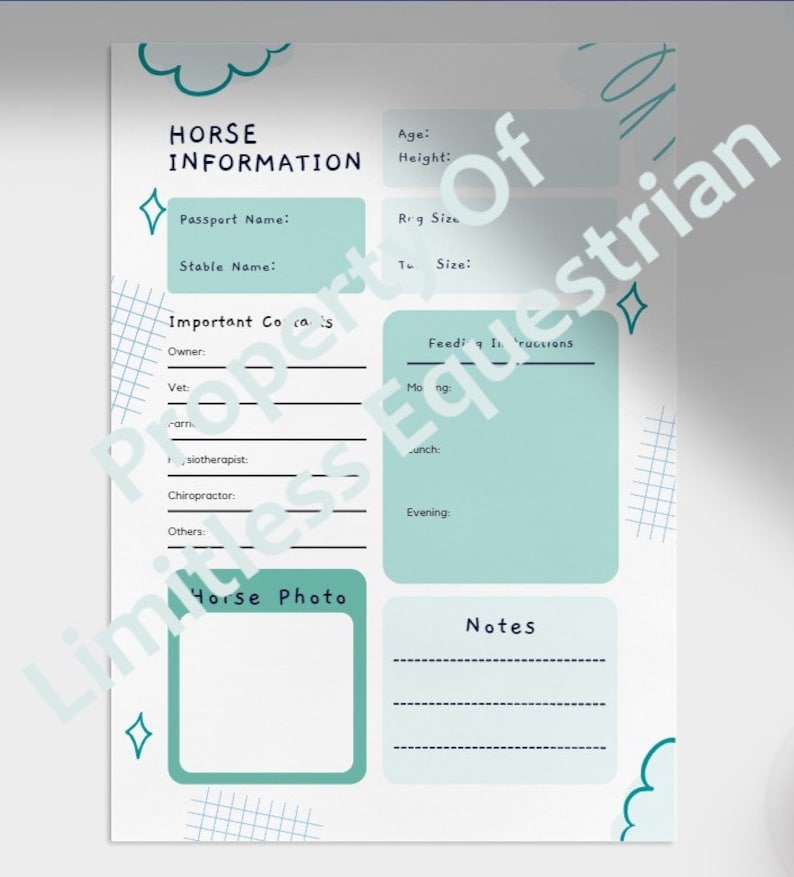 Horse Information Sheet (digital Download), Horse Organiser, Equestrian ...