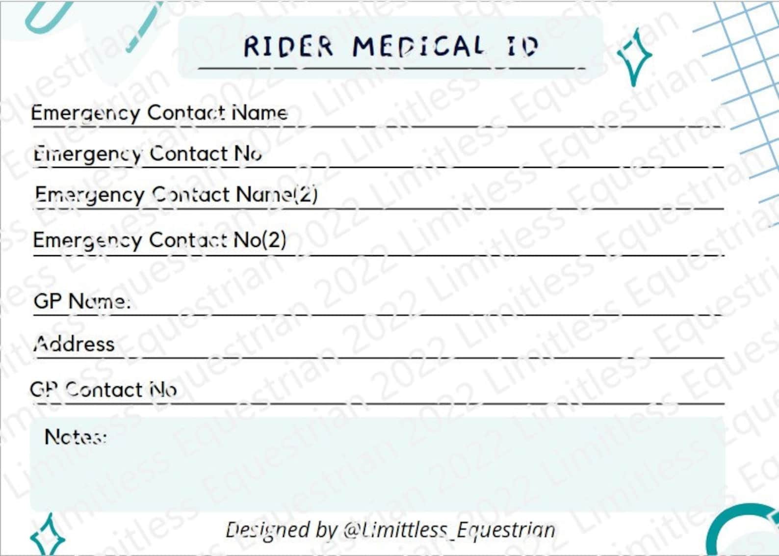 Equestrian Medical ID Card Printable | Equestrian Medical Armband Card ...