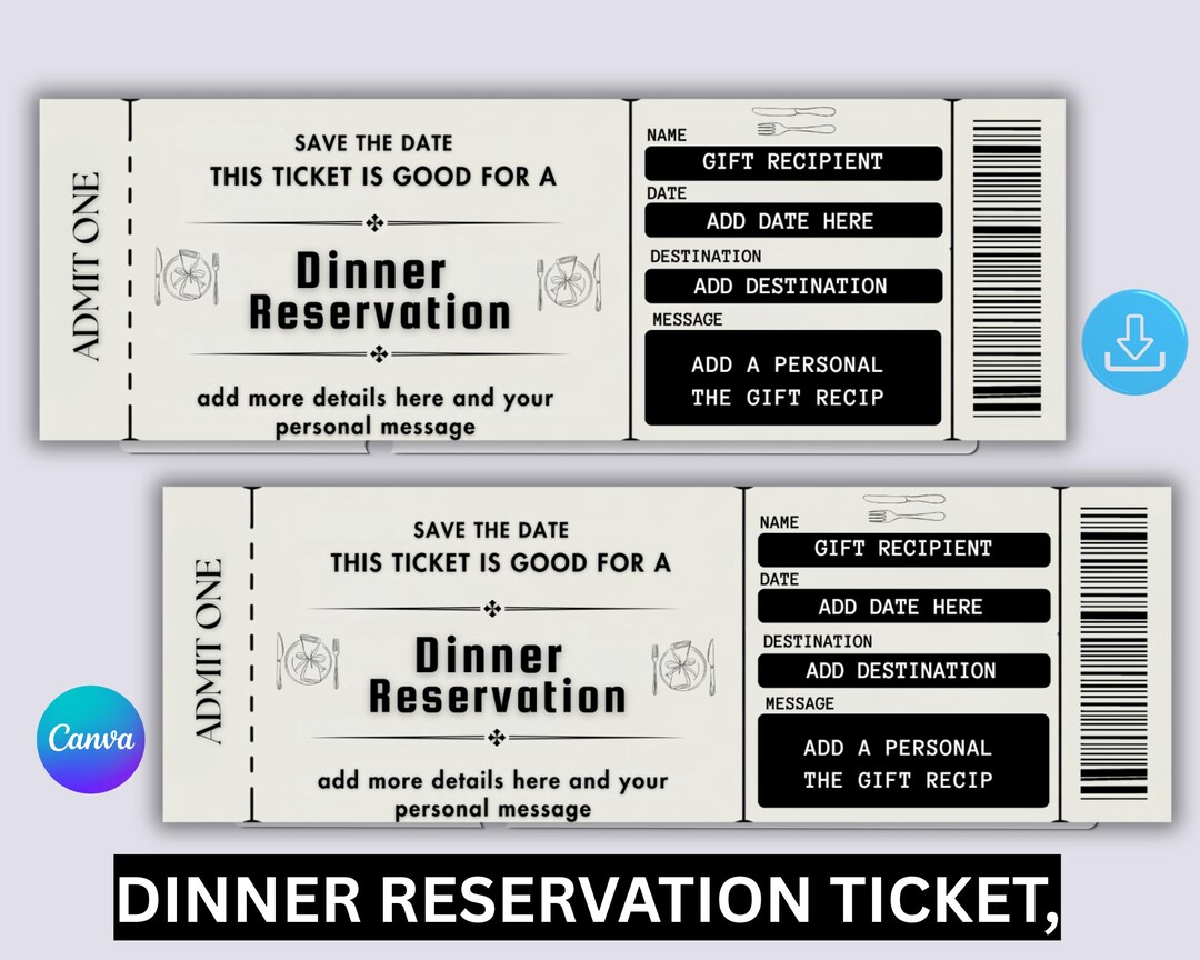 Dinner Reservation Ticket, Dinner Date Voucher, Hotel Reservation ...