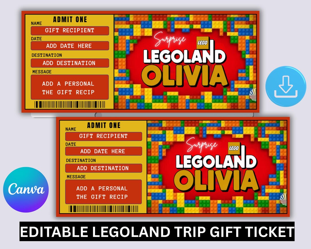 Editable Legoland Trip Gift Ticket, Theme Park Gift Voucher, Printable ...