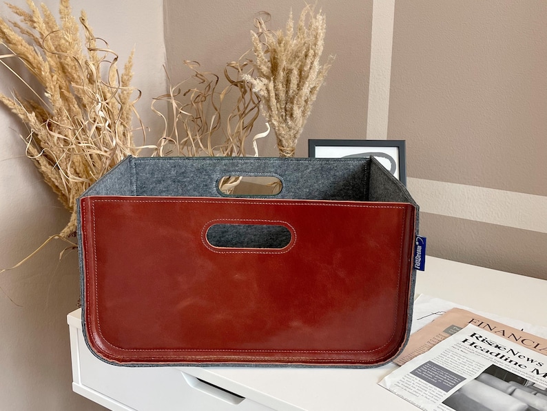 Felt and Leather Storage Container. Basket for Closet. Storage Bin ...