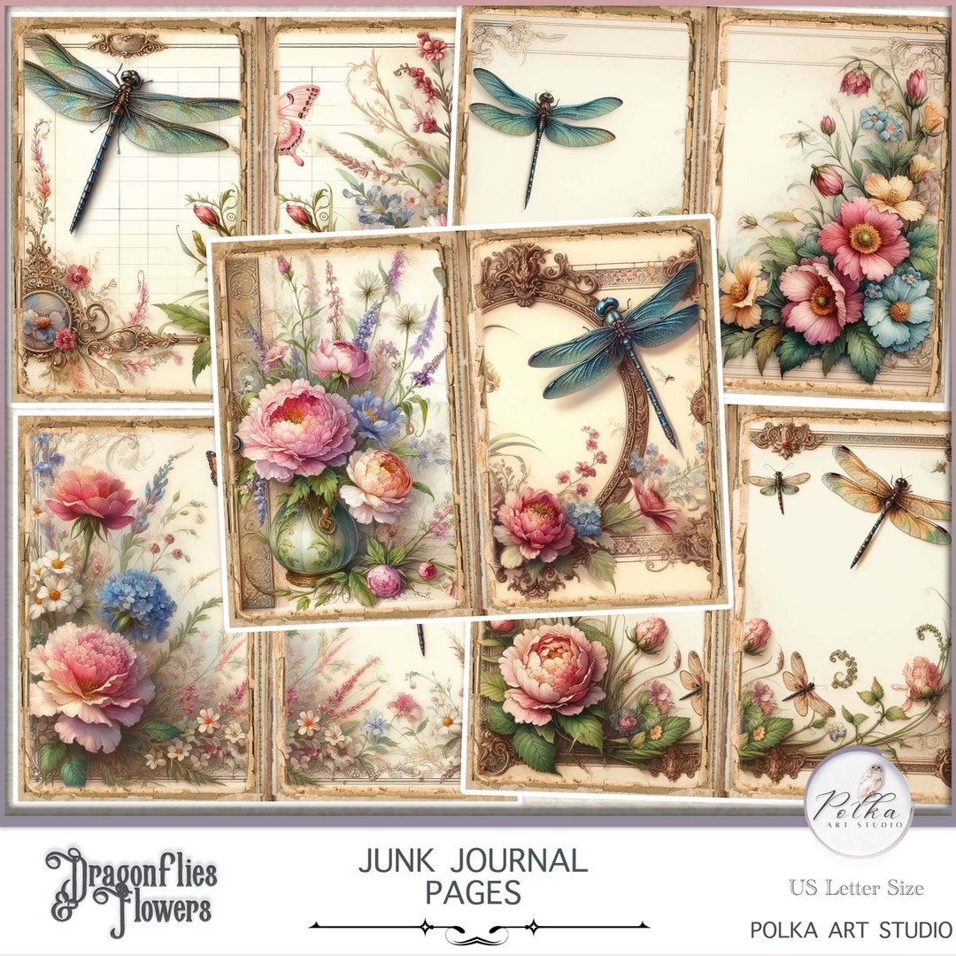 Junk Journal Digital Kit, Vintage Dragonflies and Flowers, Floral ...