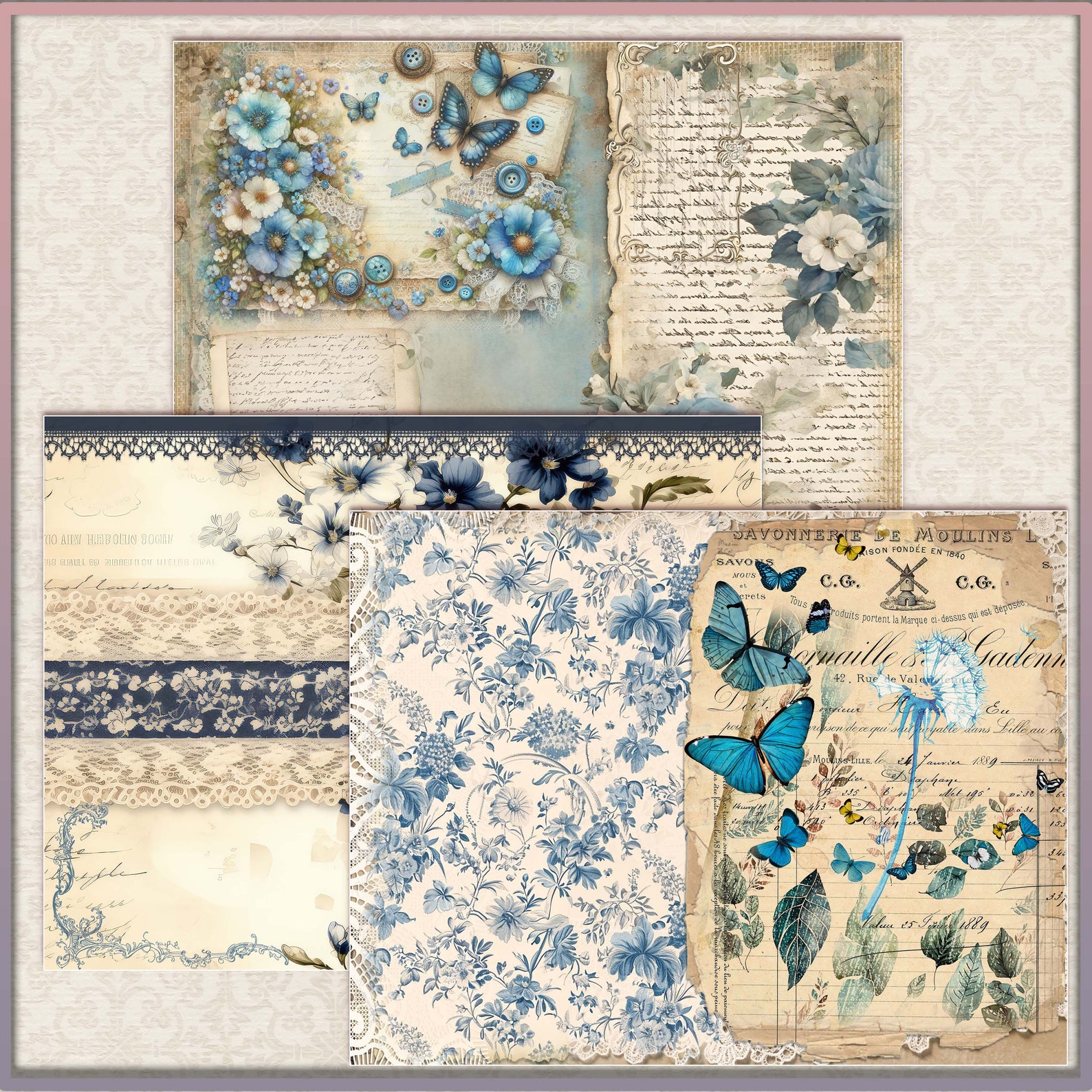Blue Junk Journal Pages: Vintage Watercolor Scrapbook Paper (digital ...