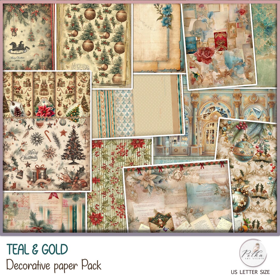 Christmas Junk Journal Paper: Teal & Gold Vintage Ephemera (digital ...