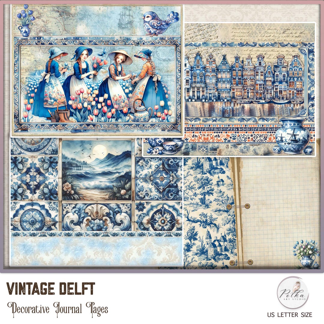 Vintage Delft Blue Junk Journal Pages: Watercolor Scrapbook Paper ...